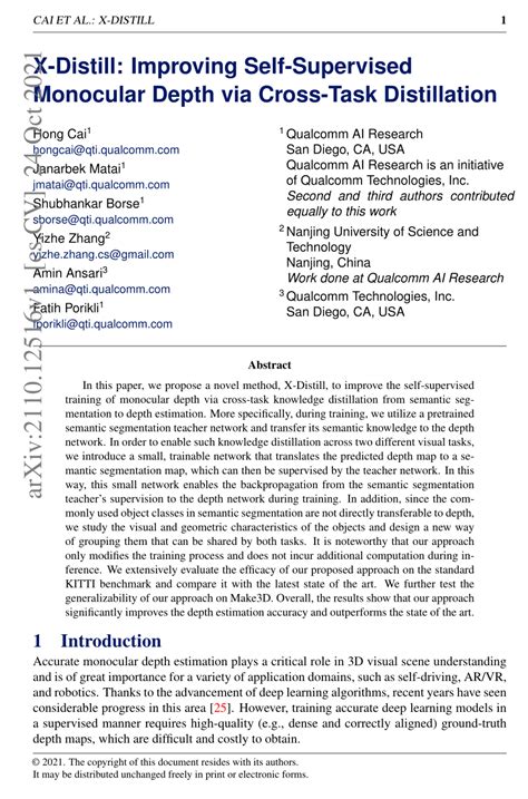 Pdf X Distill Improving Self Supervised Monocular Depth Via Cross Task Distillation