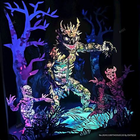 Ai创作图神话灯组灯雕狒狒 美陈灯画 恐怖主题立体画 3d灯饰画 霓虹灯造景 龙年布景陈美设计 神话故事灯组 神话故事灯展 仙人骑兽灯 Led灯饰画 神话人物彩灯 万圣节主题橱窗设计 英雄传奇