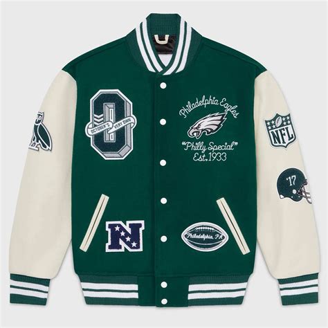 Wool Leather Green And White Philadelphia Eagles Ovo Varsity Jacket
