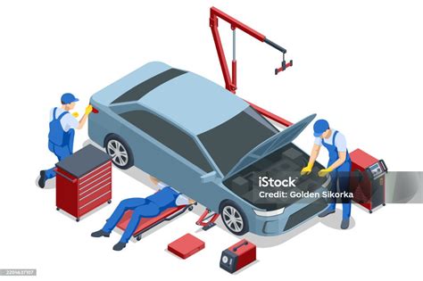 세 명의 아이소메트릭 정비사가 빨간 크레인과 공구 상자를 사용하여 후드를 연 채 자동차를 정비합니다 하나는 아래에서 작동하고