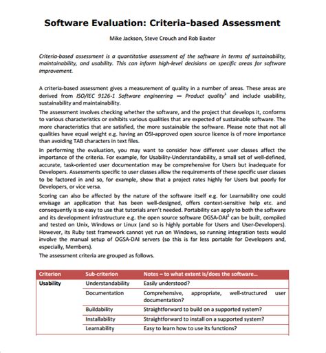 Software Evaluation Template Free Printable Templates