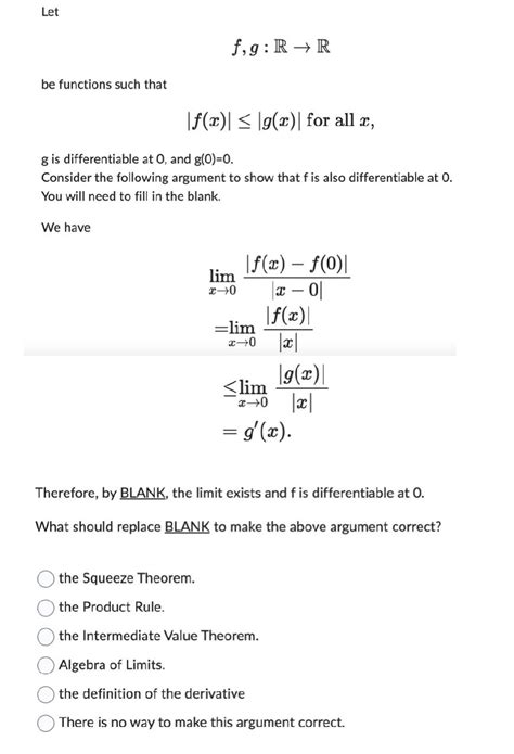 solved let f g r→r be functions such that ∣f x ∣≤∣g x ∣ for