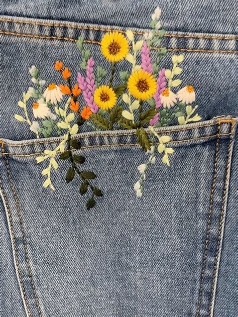 Aesthetic Floral Embroidered Flowers Pocket Jeans Casual Pants In 2024