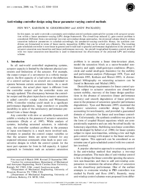 Pdf Anti Windup Controller Design Using Linear Parameter Varying Control Methods