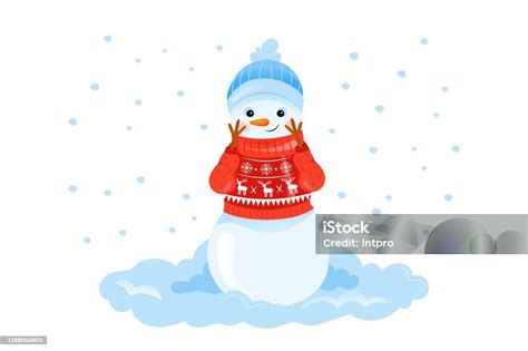 눈송이와 흰색 배경에 스웨터에 행복 웃는 눈사람 캐릭터의 만화 플랫 스타일 다채로운 벡터 일러스트 계절 휴일과 축제 개념에 아늑한 겨울 구성 겨울에 대한 스톡 벡터 아트 및
