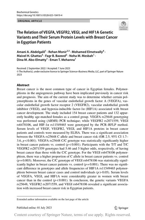 The Relation Of Vegfa Vegfr2 Vegi And Hif1a Genetic Variants And