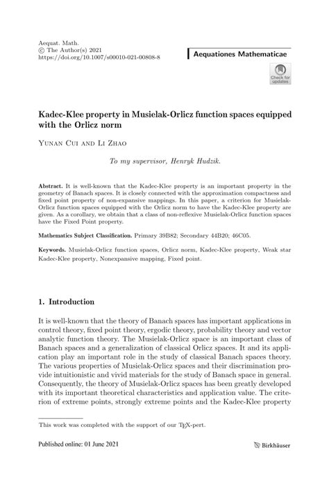 Pdf Kadec Klee Property In Musielak Orlicz Function Spaces Equipped With The Orlicz Norm