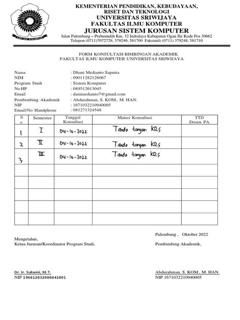 D Form Konsultasi Bimbingan Akademik Fakultas Ilmu Komputer Universitas Sriwijaya 1 Pdf