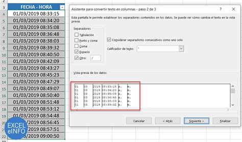 extraer fechas y horas de celdas de excel y separar texto en columnas