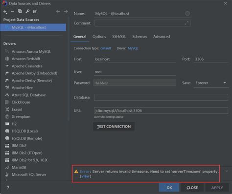 idea连接数据库的时候报错：server returns invalid timezone go to advanced tab