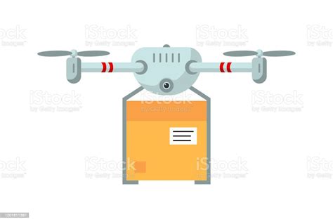 패키지 익스프레스 배달 공중 무인 항공기 상자와 무인 쿼드 콥터 흰색 배경에 현대 교통 기술 개념 벡터 그림