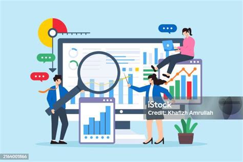 비즈니스 사람들 컴퓨터 화면에 데이터 차트와 그래프를 분석 벡터 일러스트 레이 션 감시에 대한 스톡 벡터 아트 및 기타 이미지 감시 개념 개념과 주제 Istock