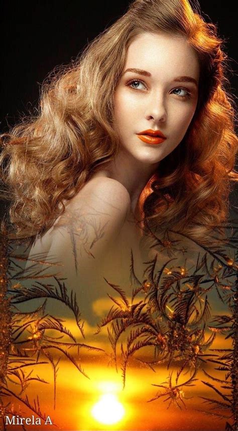 A Woman With Long Blonde Hair Standing In Front Of An Orange Sunset And