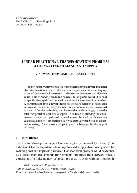 Pdf Linear Fractional Transportation Problem With Varying Demand And