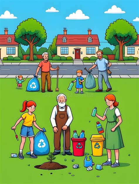 Community Planting Tree And Cleaning Up Trash Cartoon Stock