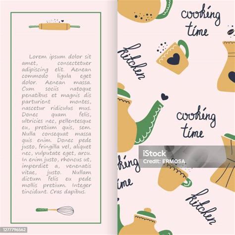 요리 수업 또는 코스 장비 소책자 브로셔 팜플렛 전단지 차 냄비와 컵 텍스트 요리 시간 메뉴 디자인에 대한 요리 벡터 일러스트레이션 개념에 대한 스톡 벡터 아트 및 기타