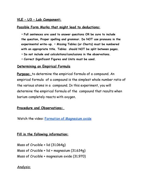 Chem Lab Basic Chem Lab Example VLE U Lab Component Possible Form Marks That Might