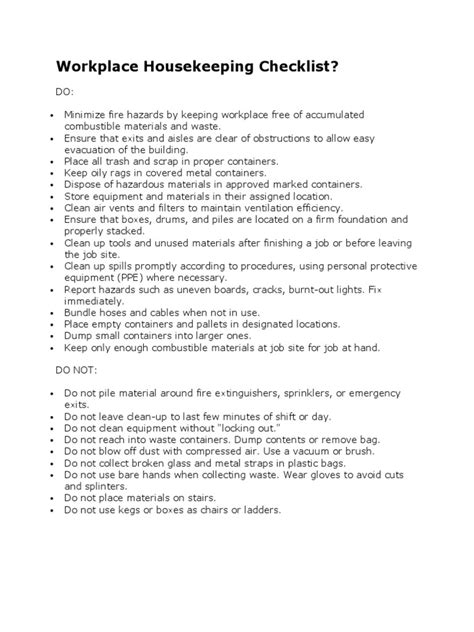 Workplace Housekeeping Checklist Pdf