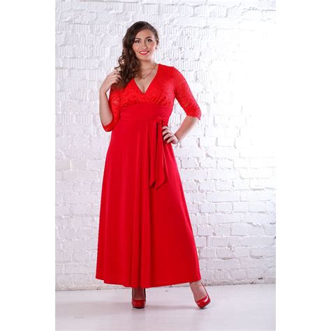 Платье длинное с кружевным лифом рукав 3 4 красное большого размера по цене 7 890 руб