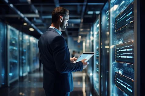 Premium Ai Image Data Center Engineer Young Man Holding Digital