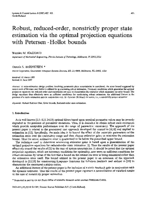 Pdf Robust Reduced Order Nonstrictly Proper State Estimation Via The Optimal Projection