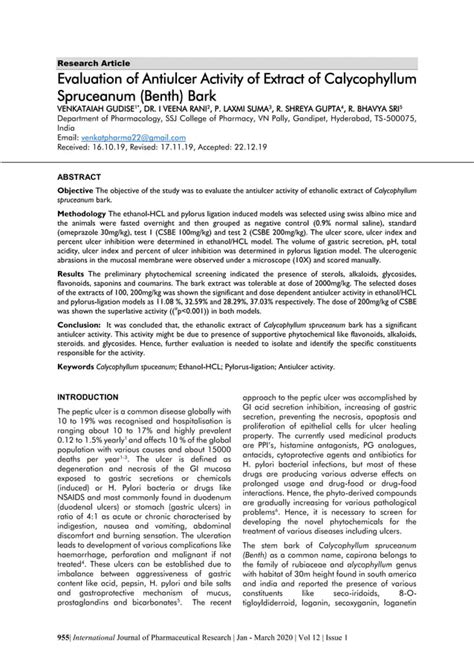 Evaluation Of Antiulcer Activity Of Extract Of Calycophyllum Spruceanum Benth Barkpdf