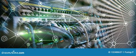 Telecommunication Concept With Abstract Network Structure And Server Room Background Stock Image