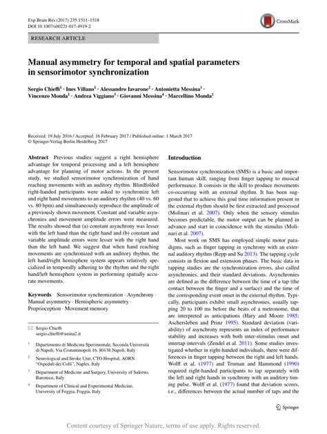 Manual Asymmetry For Temporal And Spatial Parameters In Sensorimotor Synchronization Request Pdf