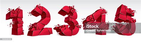 3d 현실 빨간 숫자 세트 1 2 3 4 5 벡터 일러스트 흰색 기호 컬렉션 조각 숫자를 깨고 금이 간에 대한 스톡 벡터 아트 및 기타 이미지 Istock