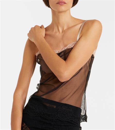 Lace Trimmed Sheer Mesh Camisole In Black Valentino Mytheresa