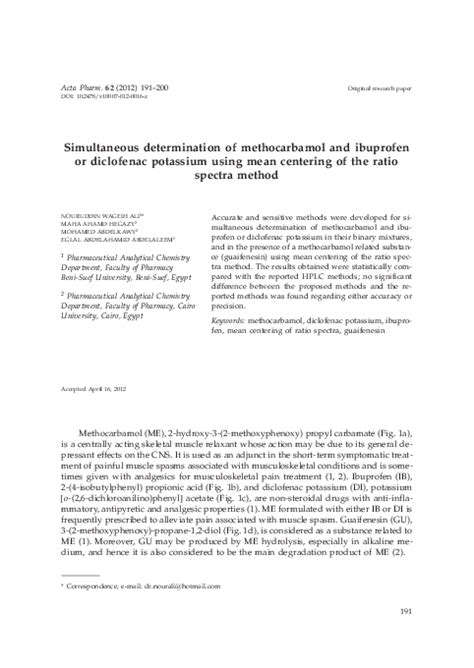 Pdf Simultaneous Determination Of Methocarbamol And Ibuprofen Or Diclofenac Potassium Using