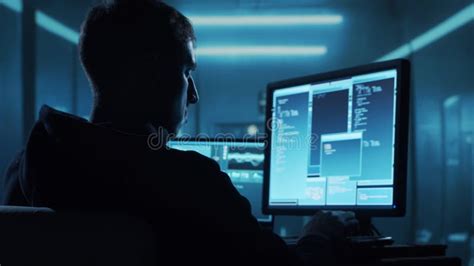 Computer Hacker In Hoodie Obscured Dark Face Hacker Attack Virus