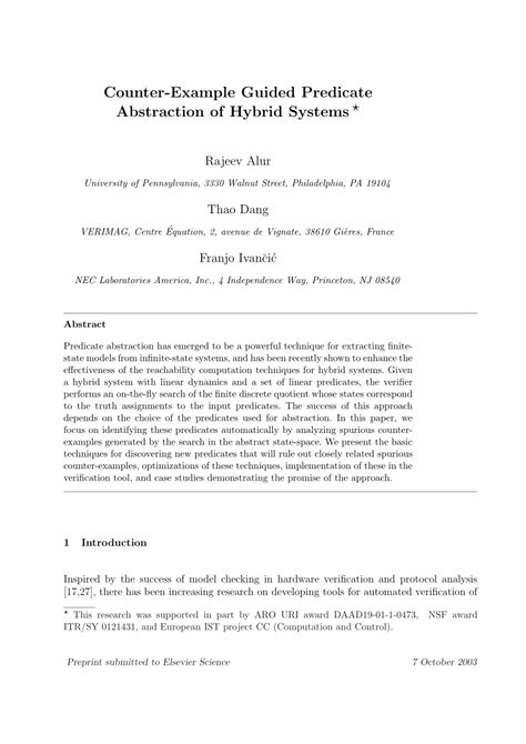 Pdf Counter Example Guided Predicate Abstraction Of Hybrid Systems