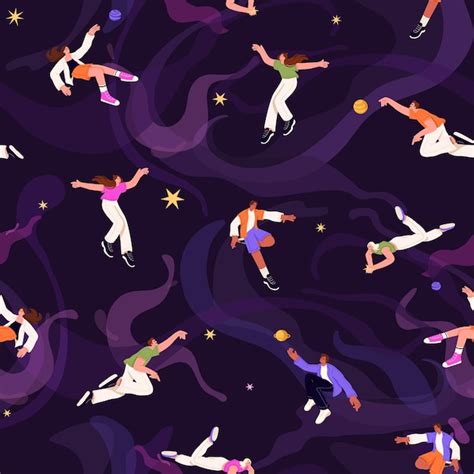 Premium Vector Repeatable Pattern Of Soaring People In Space Zero Gravity Endless Background
