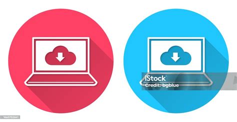 노트북에 클라우드 다운로드 빨간색 또는 파란색 배경에 긴 그림자가 있는 둥근 아이콘 개념에 대한 스톡 벡터 아트 및 기타 이미지