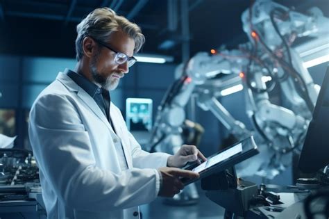 Premium Ai Image Scientist Manipulates Robotic Arm To Program Microchip