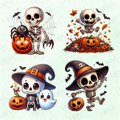 Cute Cartoon Halloween Skeleton Clipart Bundle Spooky Bones Stickers