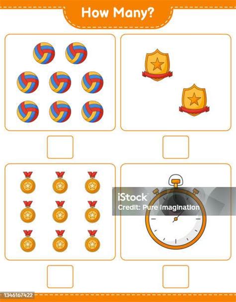 카운트 게임 얼마나 많은 스톱워치 트로피 배구 교육 어린이 게임 인쇄 워크 시트 벡터 일러스트레이션 0명에 대한 스톡 벡터 아트 및 기타 이미지 Istock