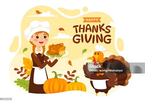 해피 추수 감사절 벡터 일러스트레이션 칠면조 새 호박 나뭇잎 및 기타 많은 요소 배경 평면 만화 손으로 그린 템플릿 순례자에 대한 스톡 벡터 아트 및 기타 이미지 Istock
