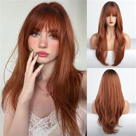 Blonde Unicorn Orange Wigs For Women Long Auburn Red Wig With Bangs