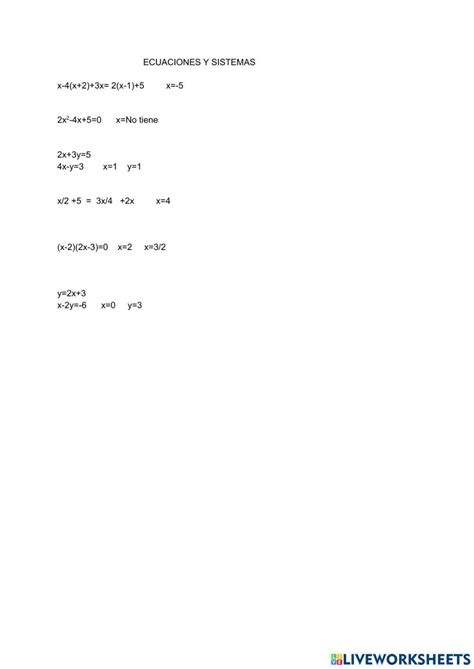Ecuaciones Y Sistemas Activity Live Worksheets