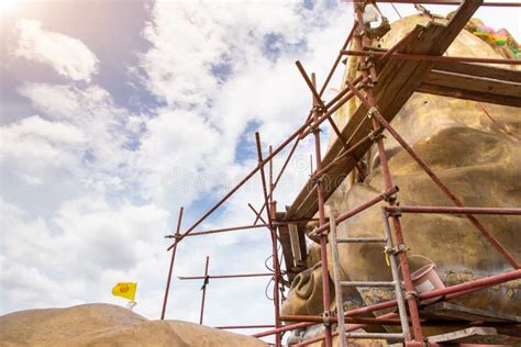 Scaffolding For Rebuild Or Repair Ancient Buddha Statue In Construction Sitescaffold For