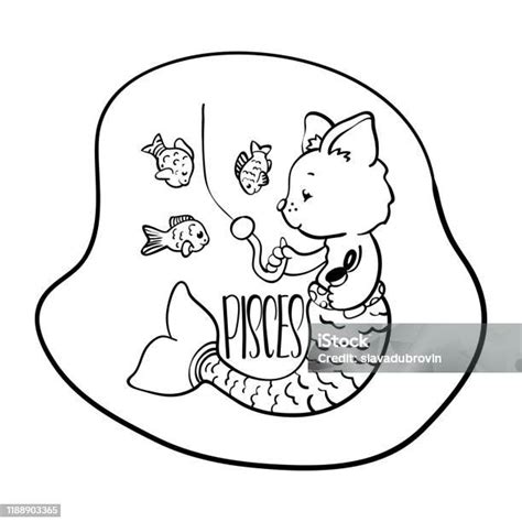 귀여운 고양이 캐릭터와 물고기 자리 점성술 조디악 기호 흰색 배경에 물고기자리 벡터 그림 3월에 대한 스톡 벡터 아트 및 기타 이미지 3월 가공의 인물 검은색