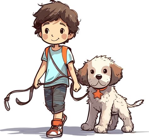 透明背景卡通男孩带领狗玩耍素材