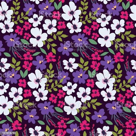 작은 꽃 잎 나뭇 가지와 매끄러운 패턴 꽃이 피는 초원이 있는 예술적 꽃무늬 프린트 손으로 그린 식물식물을 가진 식물 배경 벡터 그림입니다 0명에 대한 스톡 벡터 아트 및