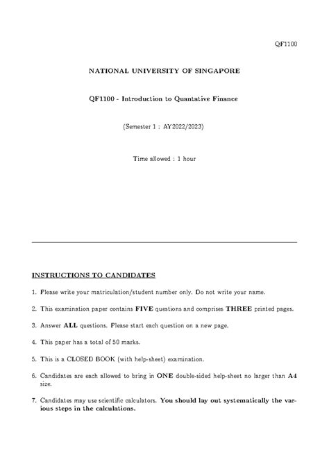 AY22 23S1 Midterm Solution QF NATIONAL UNIVERSITY OF SINGAPORE QF1100