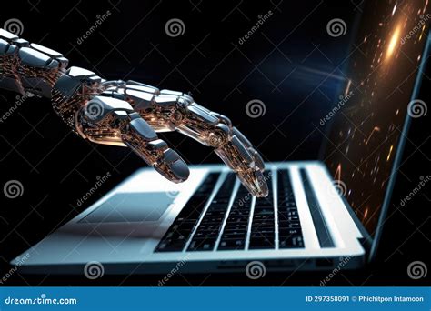 A Hand Of A Robot Typing On A Laptop Chatbot Robotic Futuristic Artificial Intelligence Concept