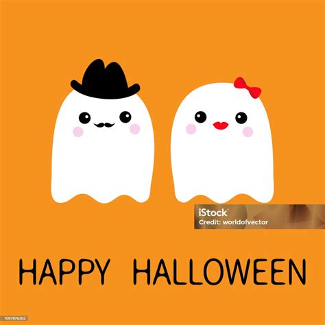 입술 수염 안경 모자 활 영 가족 커플 유령 즐거운 할로윈 보내세요 무서운 백색 유령입니다 귀여운 만화 캐릭터입니다 짜증 얼굴 인사말 카드 오렌지 배경입니다 평면
