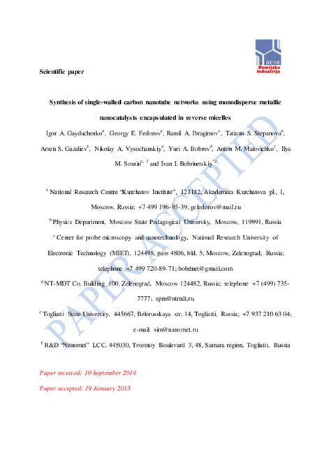 Pdf Scientific Paper Synthesis Of Single Walled Carbon Nanotube Networks Using Monodisperse
