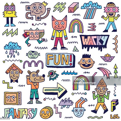 추상 판타지 엉뚱한 재미 있는 낙서 만화 캐릭터 설정 2 색상 경외감에 대한 스톡 벡터 아트 및 기타 이미지 경외감 고양이 새끼 구름 Istock